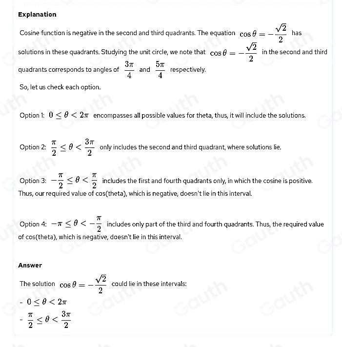 Solved: For the equation cos θ =- sqrt(2)/2 , there could be solutions ...