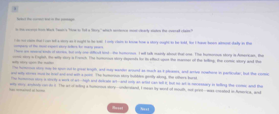 Solved: Select the correct text in the passage. in this excerpt from Mark Twain's "How to Tell a ...