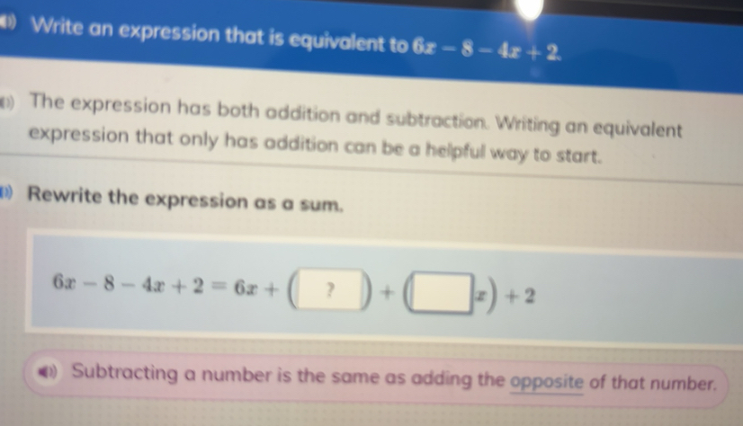 Solved: () Write an expression that is equivalent to 6x-8-4x+2 The ...