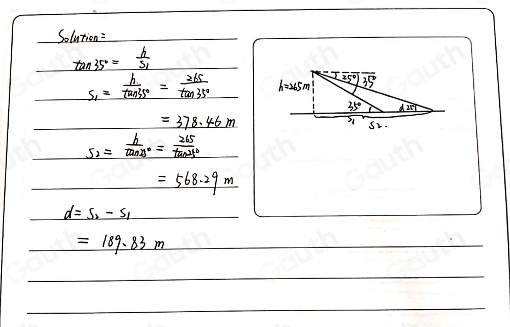 Solved: From a plane flying due east at 265 m above sea level, the ...