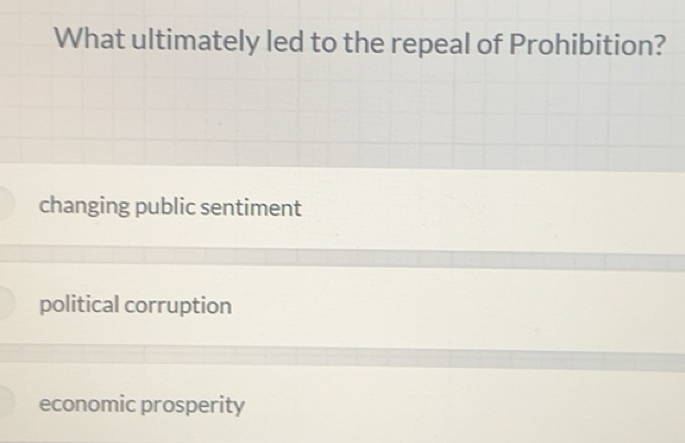 Solved: What ultimately led to the repeal of Prohibition? changing ...