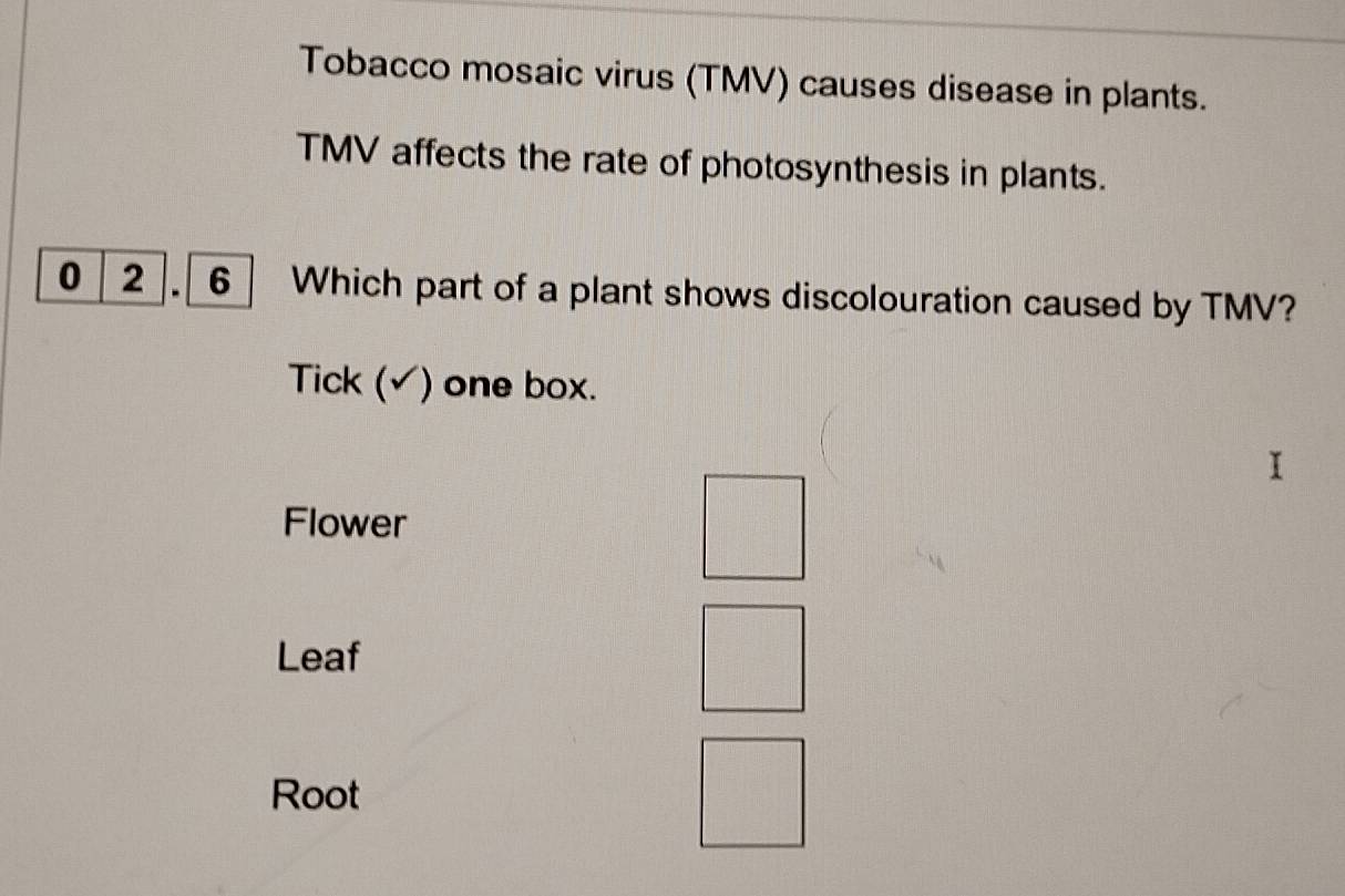 Solved: Tobacco mosaic virus (TMV) causes disease in plants. TMV ...