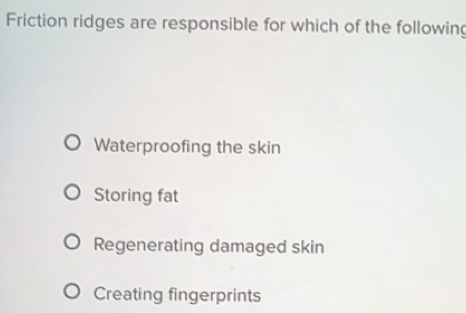 Solved: Friction ridges are responsible for which of the following ...