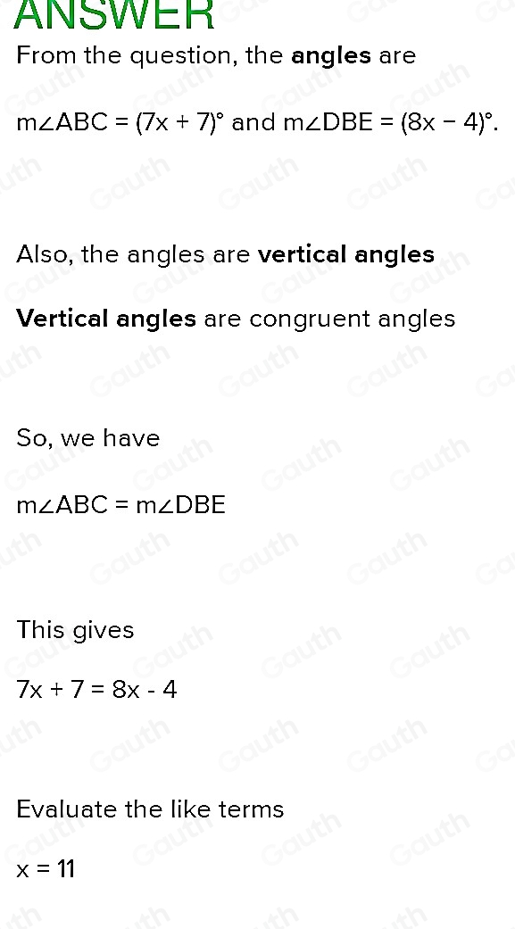 Solved: Angles ABC and DBE are vertical angles where m∠ ABC= (7x+7 ...
