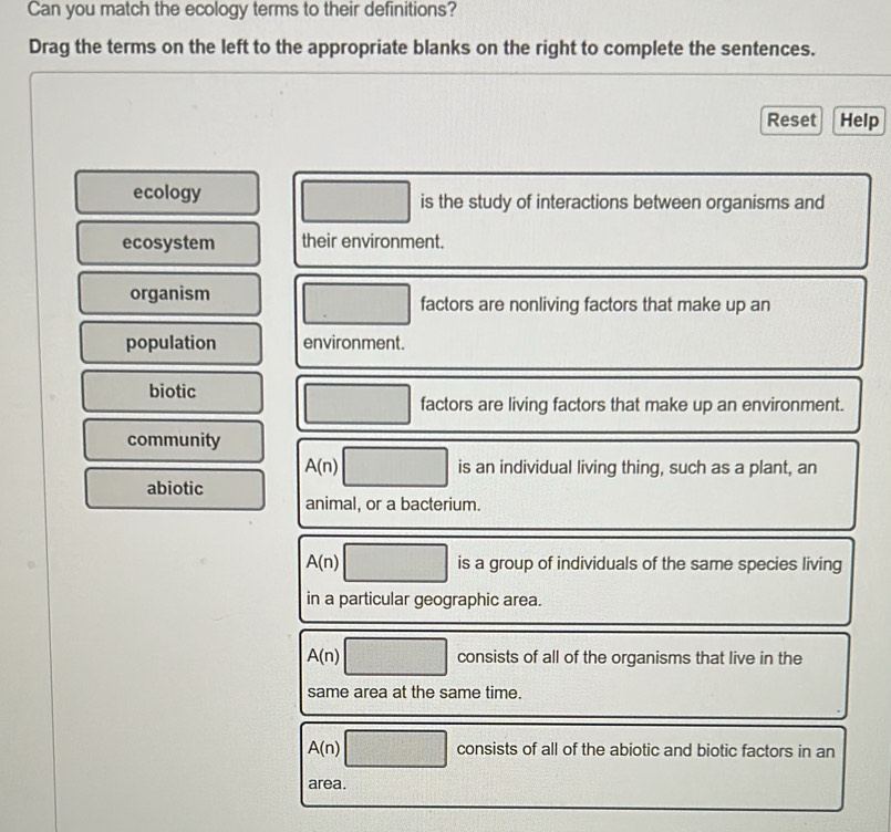 Solved: Can you match the ecology terms to their definitions? Drag the ...