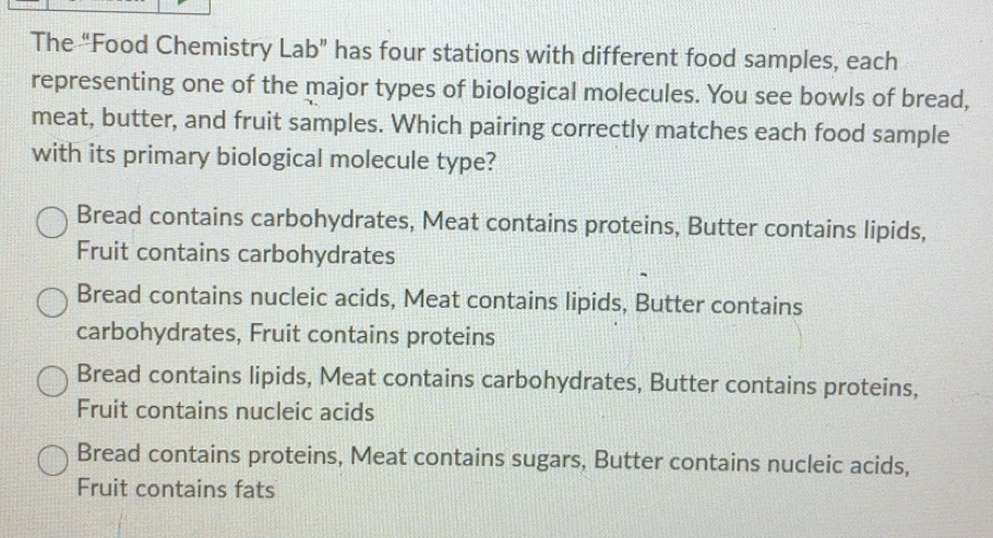 Solved: The “Food Chemistry Lab” has four stations with different food ...
