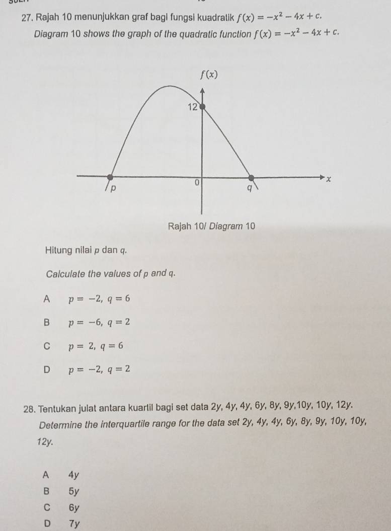 Selesai:Rajah 10 menunjukkan graf bagi fungsi kuadralik f(x)=-x^2-4x+c ...