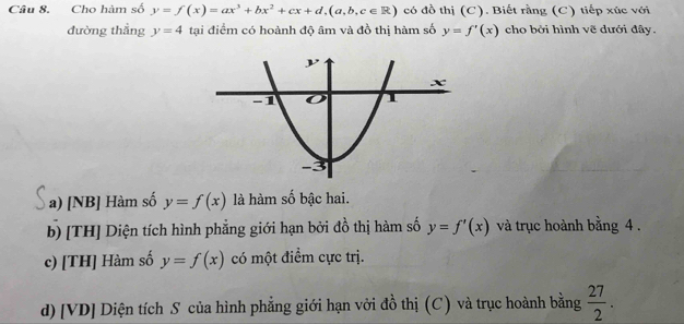 Giải quyết:Cho hàm số y=f(x)=ax^3+bx^2+cx+d, (a,b,c∈ R) có đồ thị (C). Biết rằng (C) tiếp xúc ...