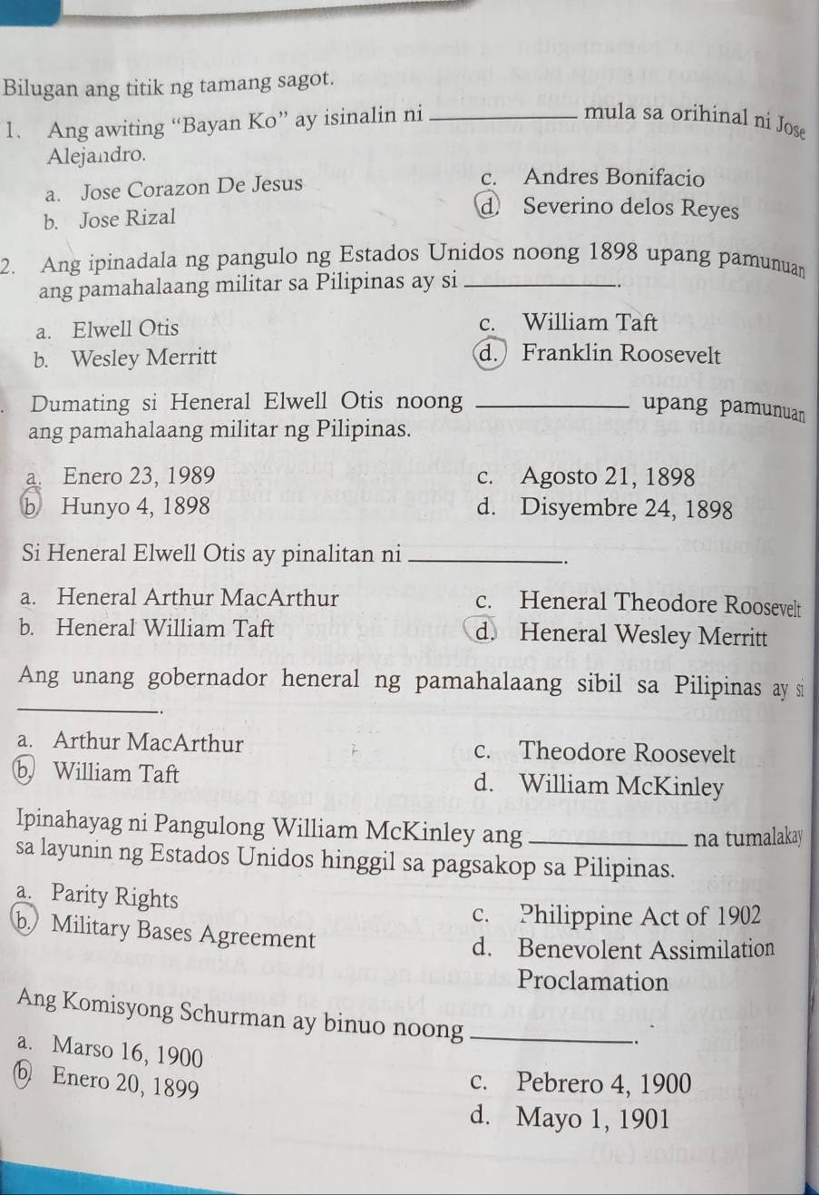 Solved: Bilugan ang titik ng tamang sagot. 1. Ang awiting “Bayan Ko” ay ...