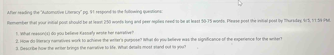 Solved: After reading the "Automotive Literacy" pg. 91 respond to the ...