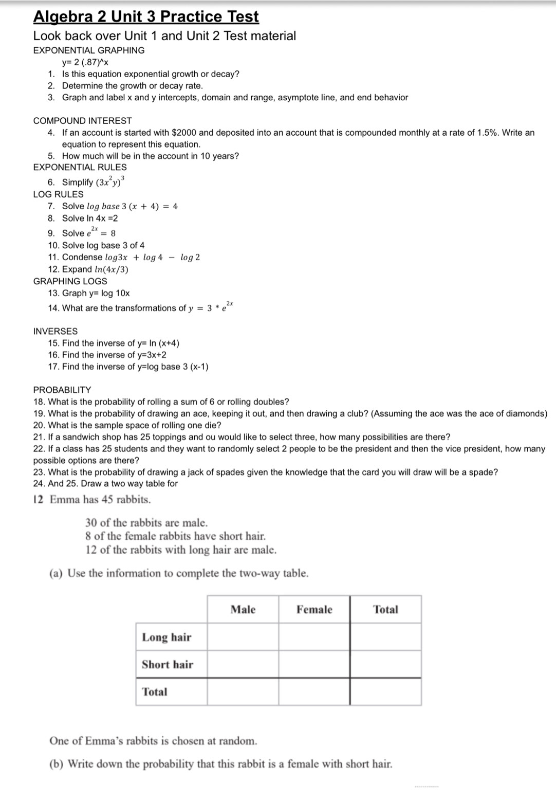 Gelöst:Algebra 2 Unit 3 Practice Test Look back over Unit 1 and Unit 2 ...
