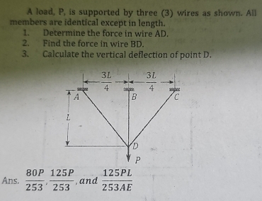 Solved: A load, P, is supported by three (3) wires as shown. All ...
