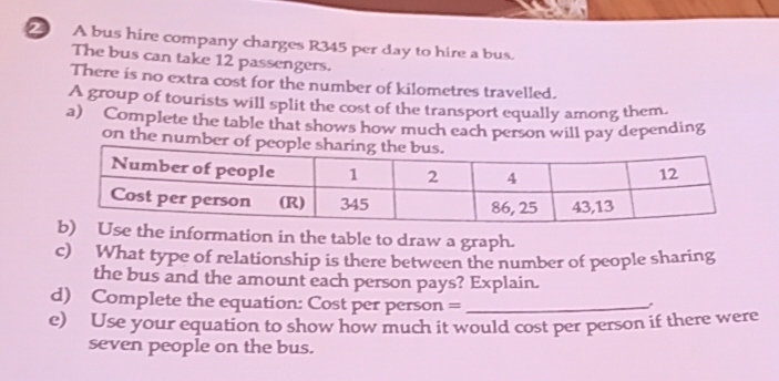 Gelöst:A bus hire company charges R345 per day to hire a bus. The bus ...