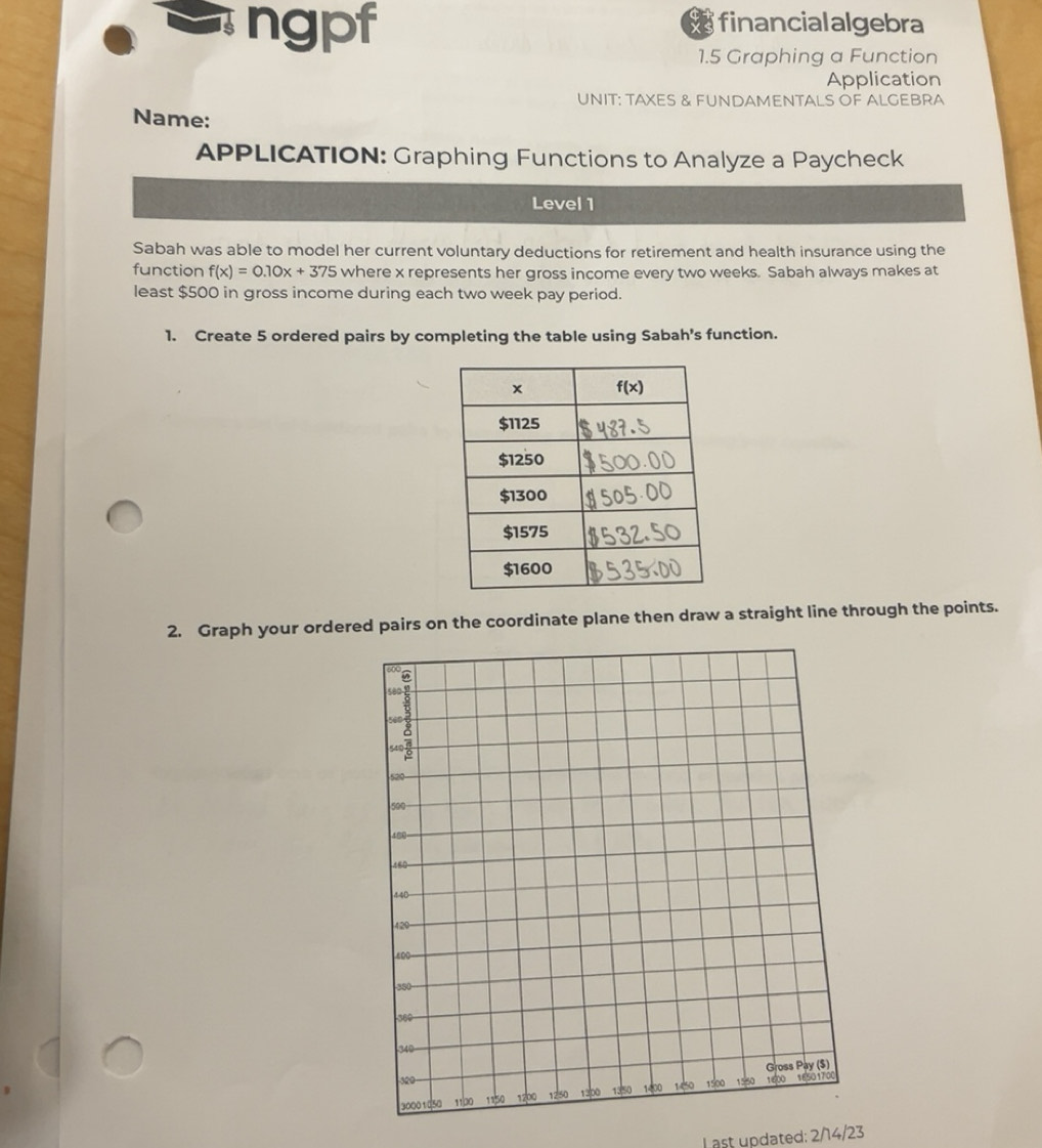 Gelöst:ngpf financialalgebra 1.5 Graphing a Function Application UNIT ...