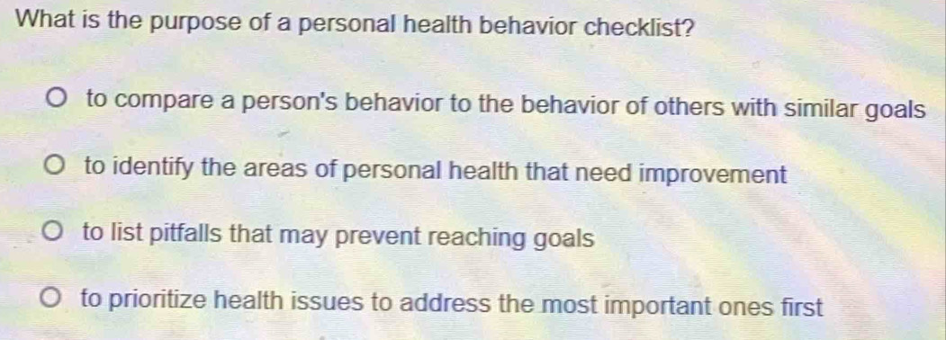 Solved: What is the purpose of a personal health behavior checklist? to ...