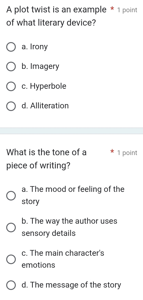 Solved: A plot twist is an example * 1 point of what literary device? a ...