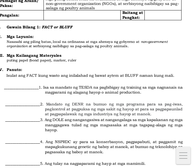Solved: Gawain Bilang 1: FACT or BLUFF I. Mga Layunin: Nasasabi ang ...