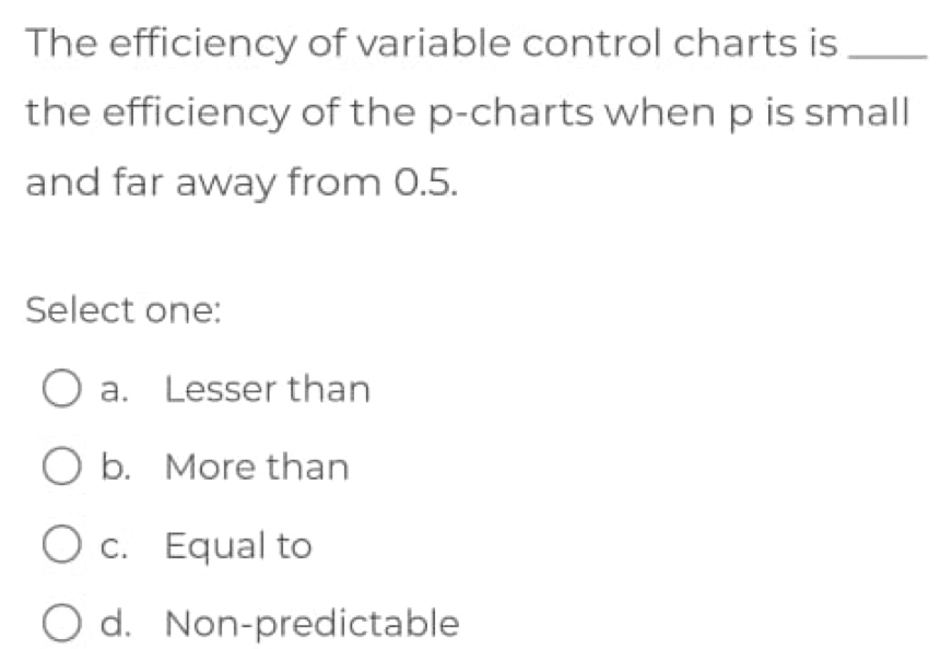Solved: The efficiency of variable control charts is_ the efficiency of ...