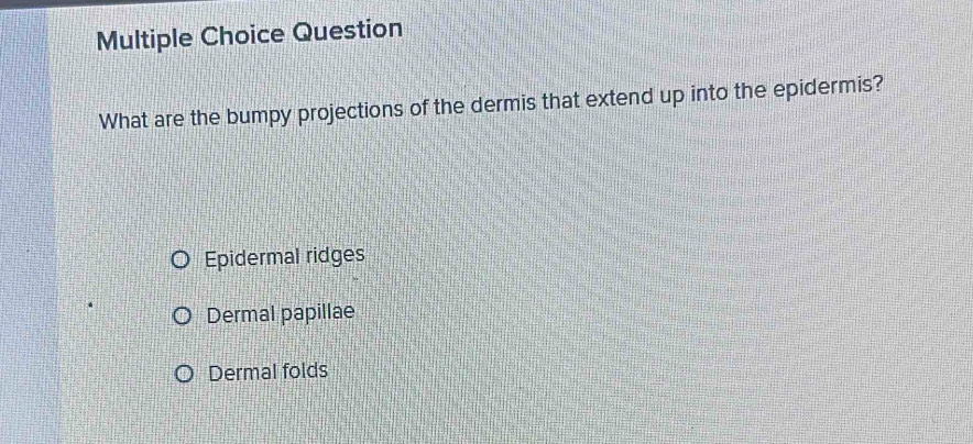 Solved: Question What are the bumpy projections of the dermis that ...