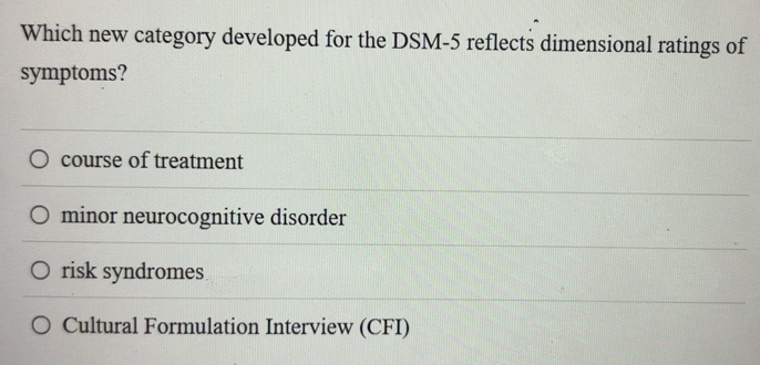 Solved: Which new category developed for the DSM-5 reflects dimensional ...
