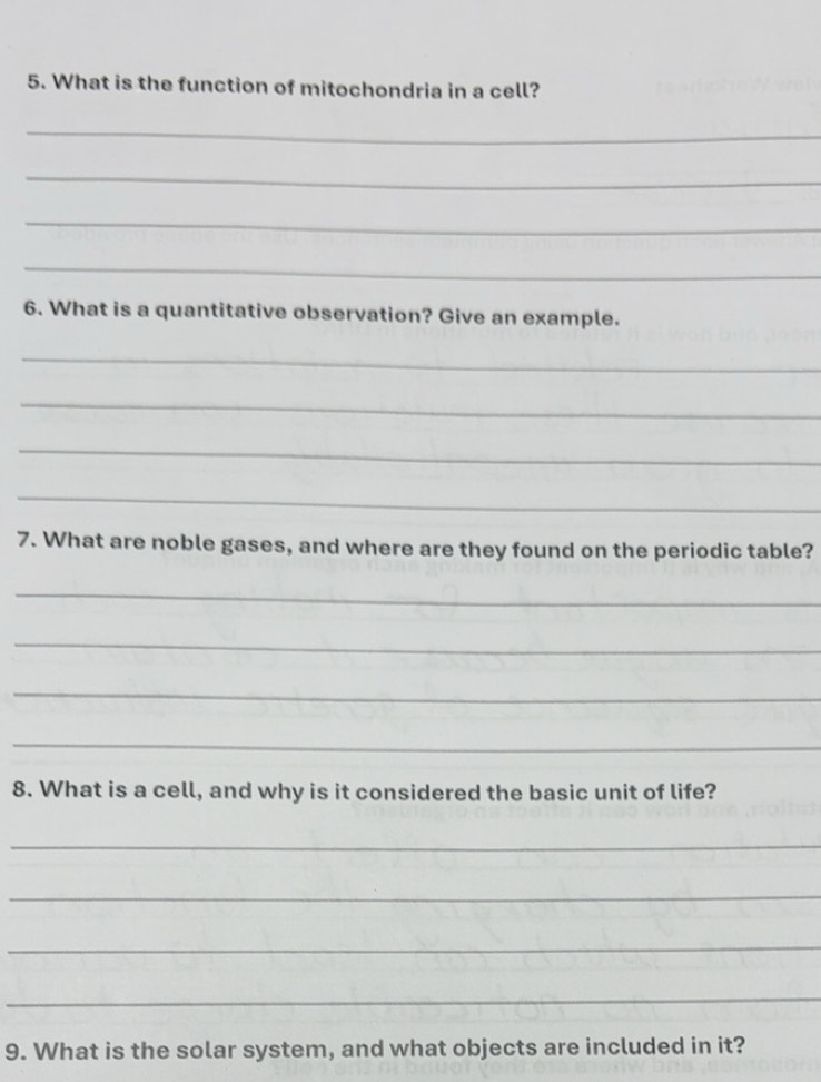 Solved: What is the function of mitochondria in a cell? _ _ _ _ 6. What ...