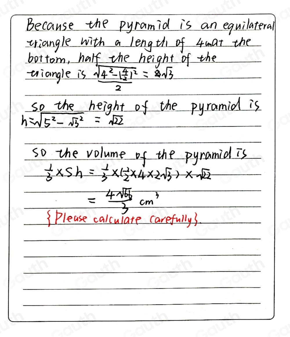 Solved: Consider a right pyramid whose base is an equilateral triangle of side 4 cm each. If ...