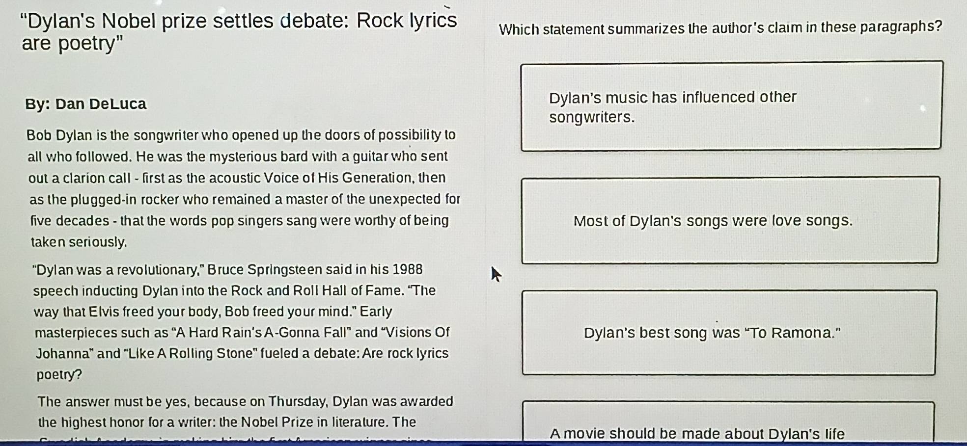 Solved: 'Dylan's Nobel prize settles debate: Rock lyrics Which ...