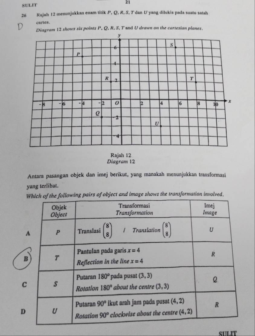 Selesai:SULIT 21 26 Rajah 12 menunjukkan enam titik P, Q, R, S. T dan U ...