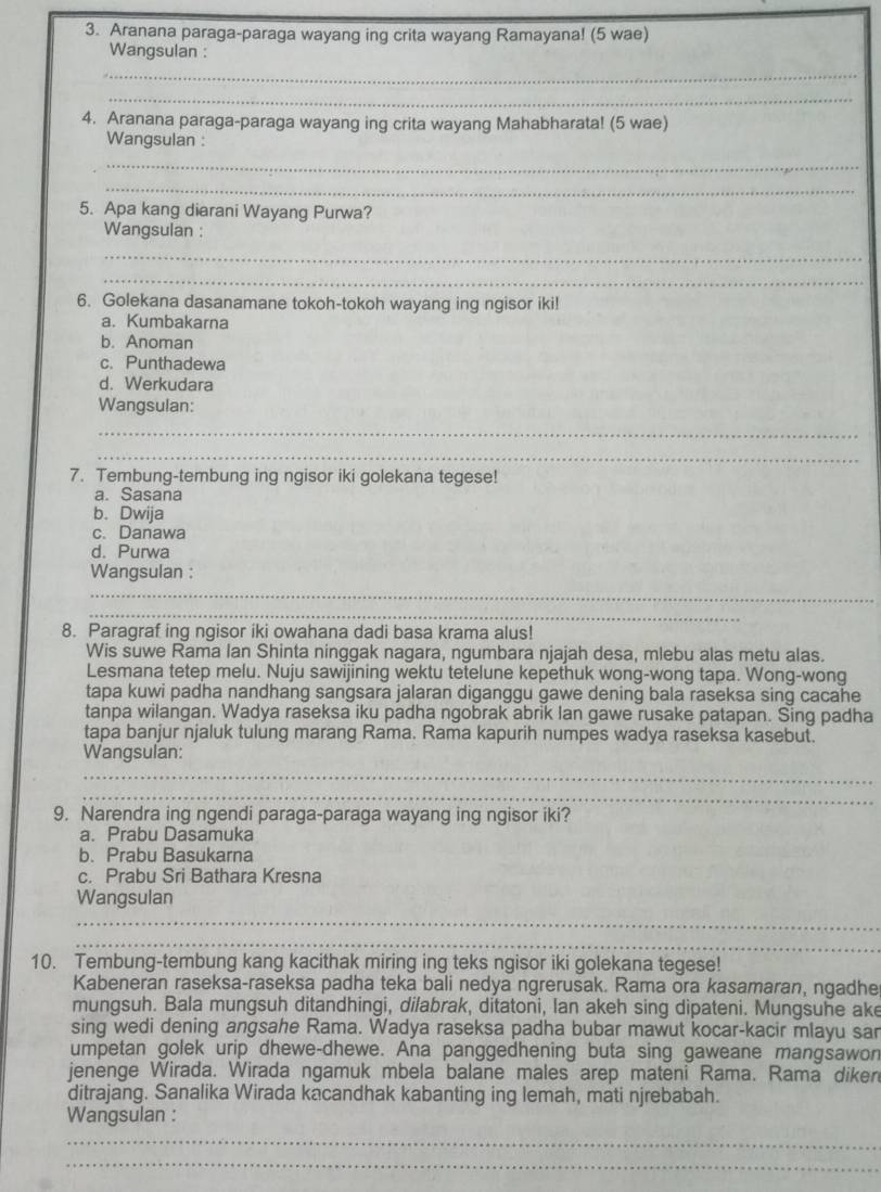 Telah dijawab:Aranana paraga-paraga wayang ing crita wayang Ramayana ...