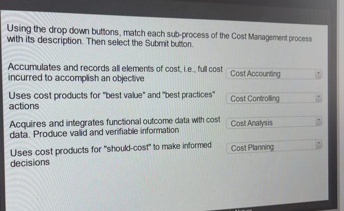 Solved: Using the drop down buttons, match each sub-process of the Cost ...
