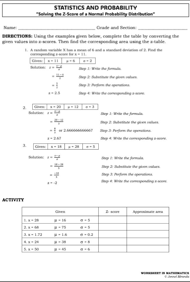 Solved: STATISTICS AND PROBABILITY “Solving the Z-Score of a Normal ...