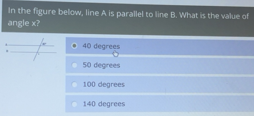 Solved: In the figure below, line A is parallel to line B. What is the ...