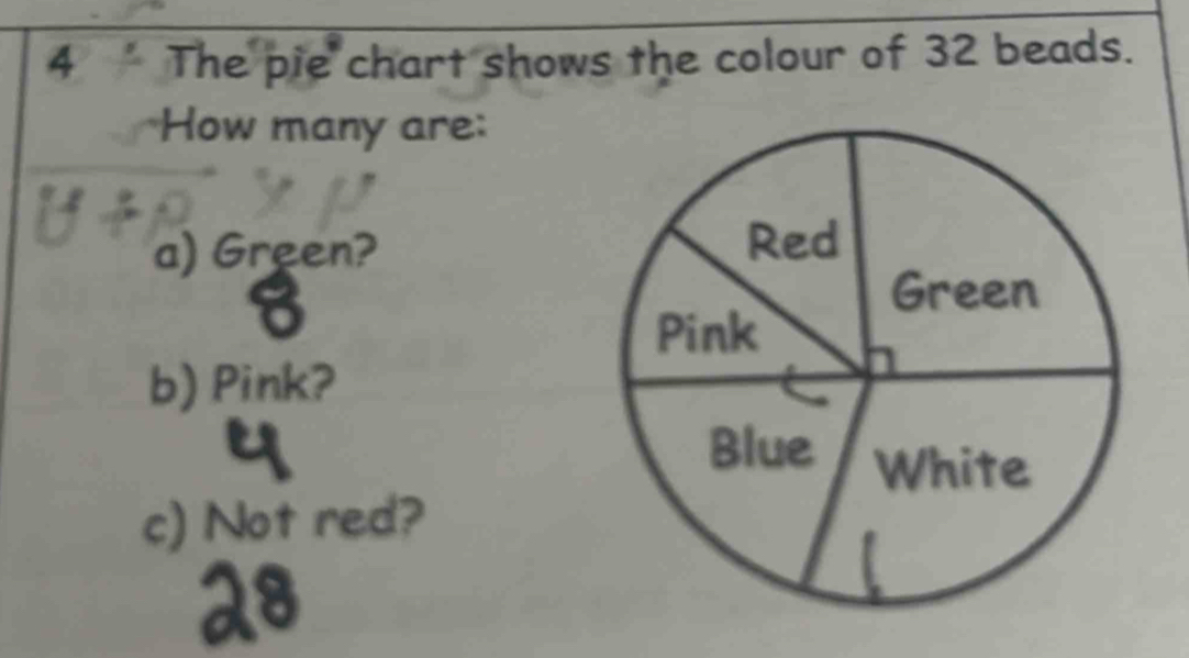Solved: The pie chart shows the colour of 32 beads. How many are: a ...