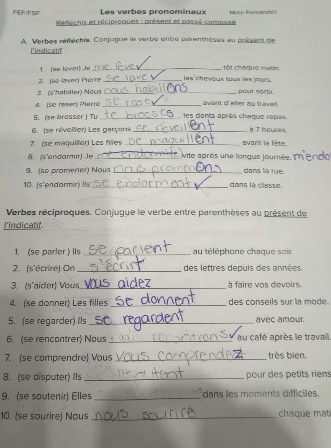Solved: FEF/FSF Les verbes pronominaux Mme Fernandes Réfléchis et ...