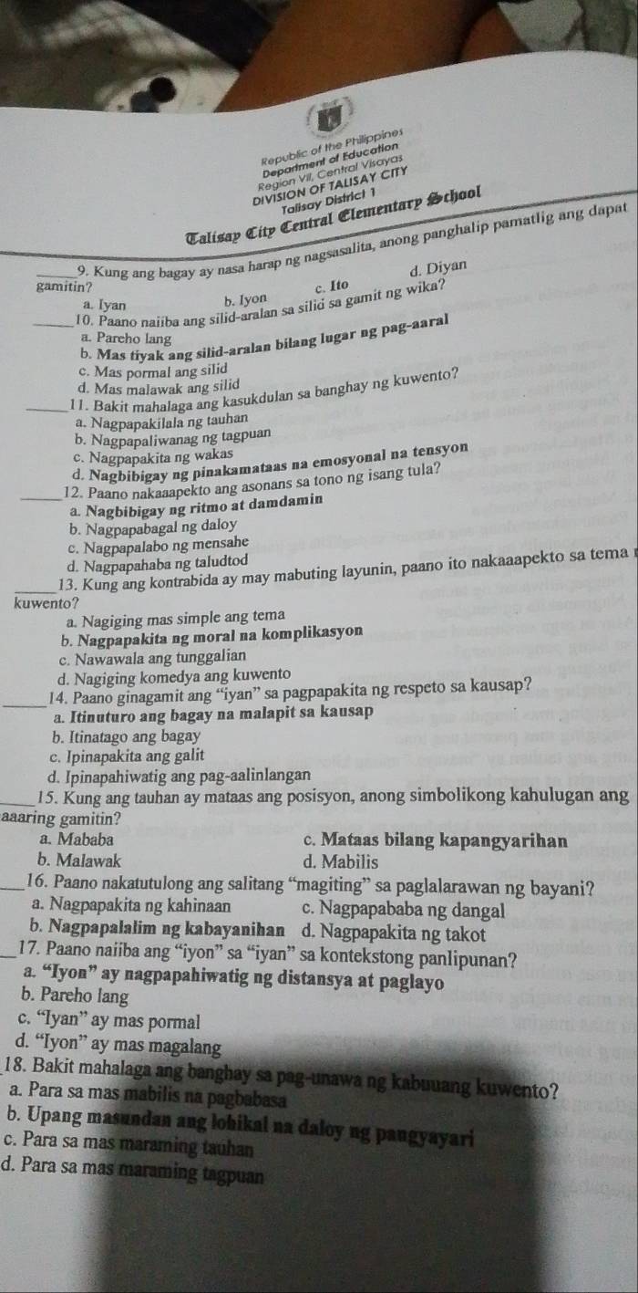 Solved: Republic of the Philippines Department of Education Region VII ...