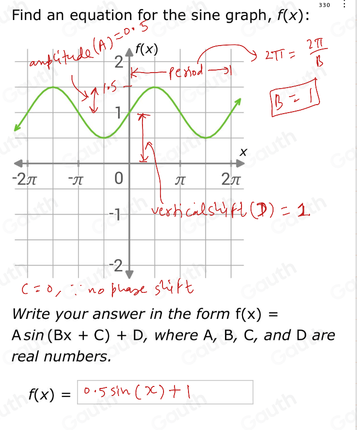 تم الحل:Find an equation for the sine graph, f(x) : - Write your answer ...