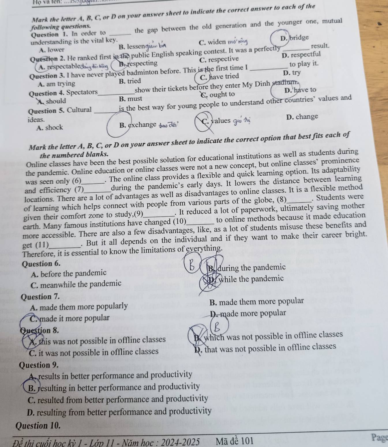 Giải quyết:Họ và tên: .... s u g Mark the letter A, B, C, or D on your ...