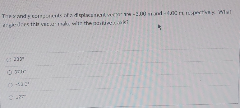 Solved: The x and y components of a displacement vector are -3.00 m and ...