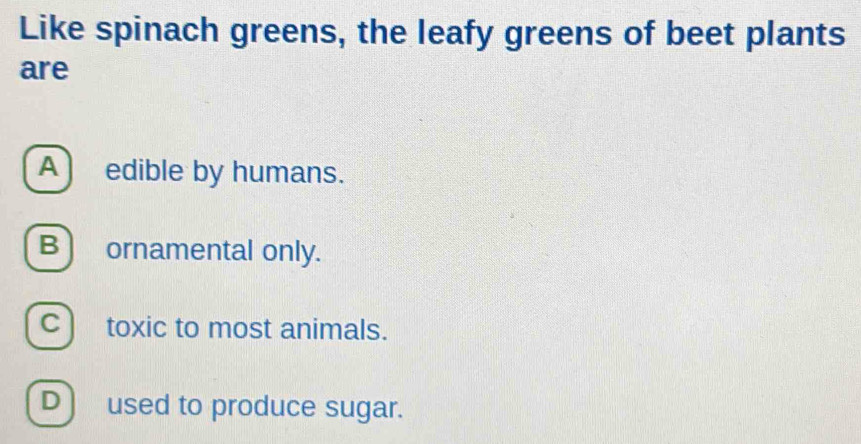 Solved: Like spinach greens, the leafy greens of beet plants are A ...