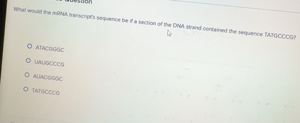 Solved: Question What would the mRNA transcript's sequence be if a ...
