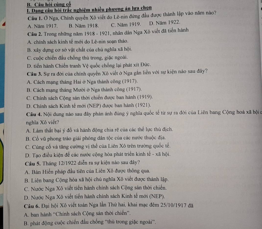 Giải quyết:Câu hỏi củng cố I. Dang câu hỏi trắc nghiệm nhiều phương án ...
