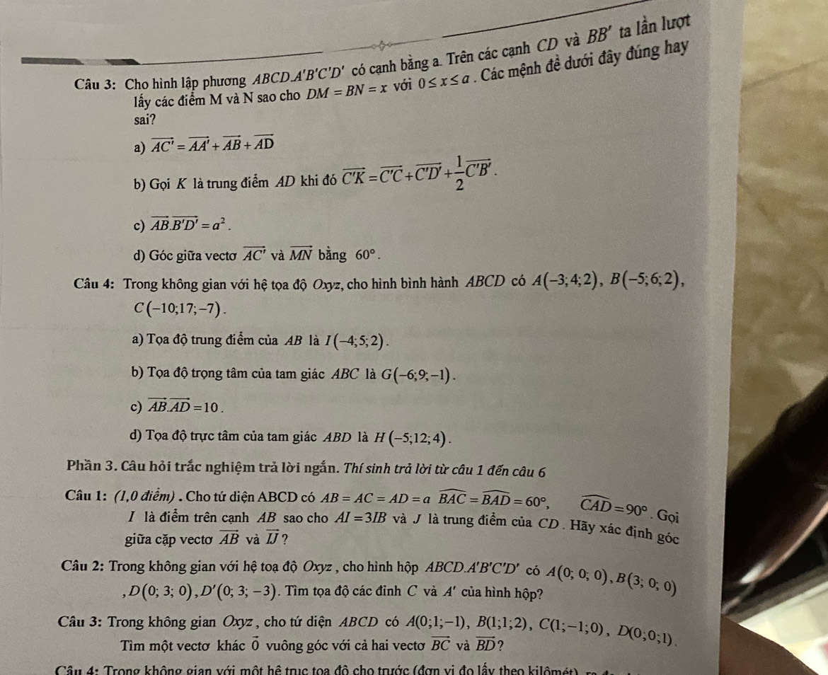 Giải quyết:Cho hình lập phương ABCD. A'B'C'D' có cạnh bằng a. Trên các ...
