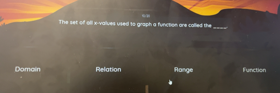 Gelöst:10/20 The set of all x -values used to graph a function are ...