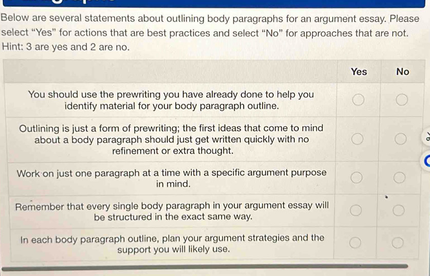 Solved: Below are several statements about outlining body paragraphs ...