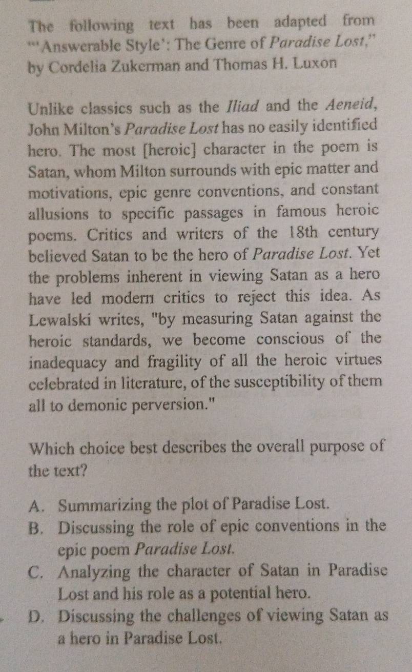 Solved: The following text has been adapted from “‘Answerable Style ...