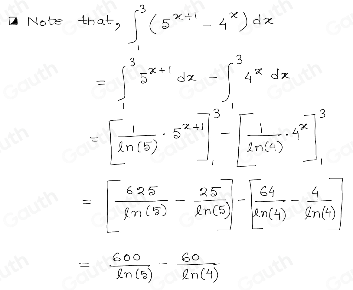 Solved: Evaluate the definite integral. ∈t _1^(3(5^x+1)-4^x)dx [Calculus]