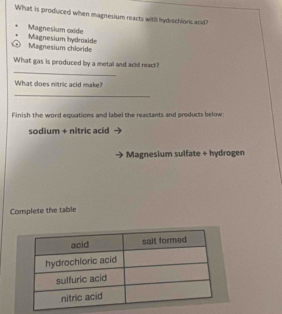 Solved: What is produced when magnesium reacts with hydrochloric acid ...