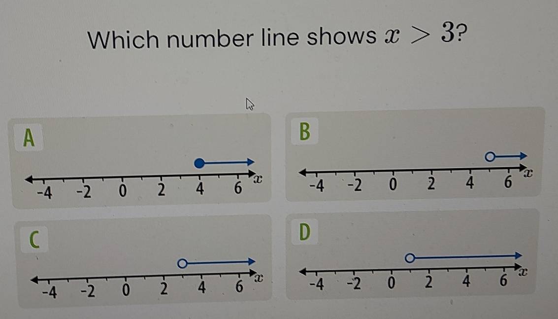 Solved: Which number line shows x>3 ? A B -4 -2 0 2 4 6 x -4 -2 0 2 4 6 ...