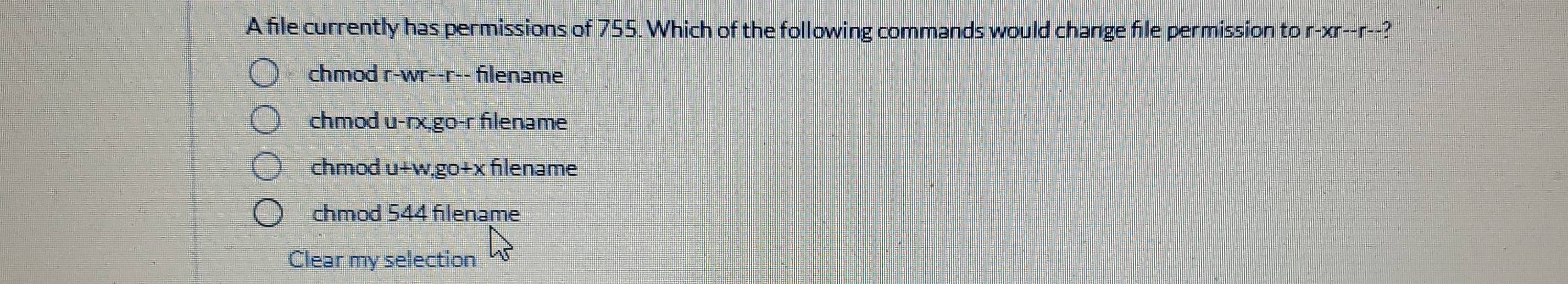 Solved: A file currently has permissions of 755. Which of the following ...