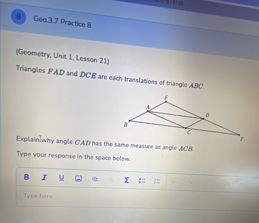 Solved: =617109 8 Geo.3.7 Practice 8 (Geometry, Unit 1, Lesson 21 ...